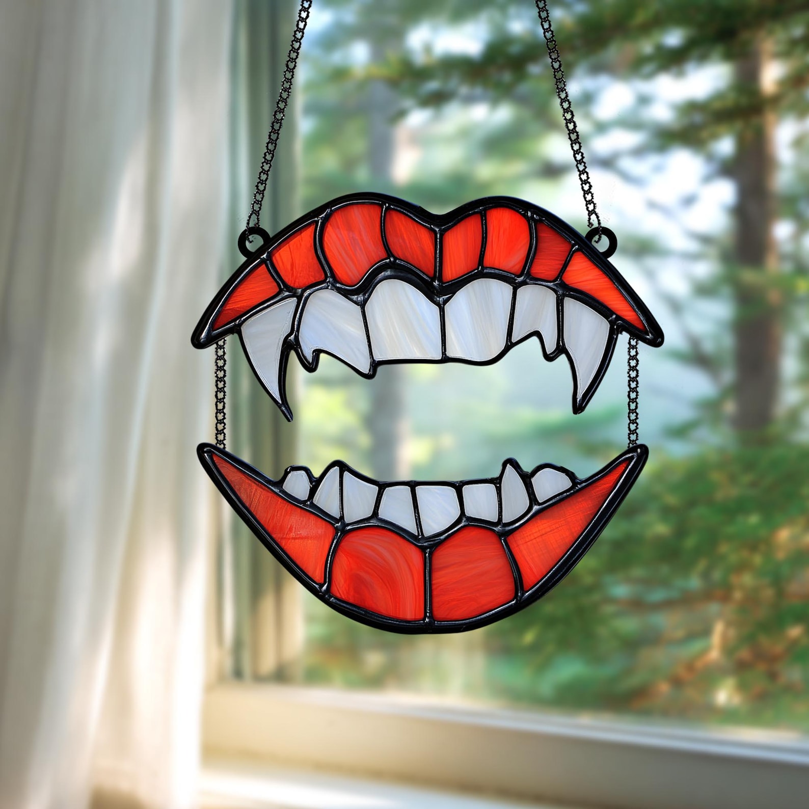 Vampire Fangs Real Stained Glass Suncatcher, Spooky Lips Window Hanging ...
