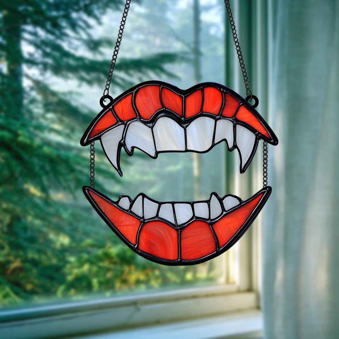 Vampire Fangs Real Stained Glass Suncatcher, Spooky Lips Window Hanging ...