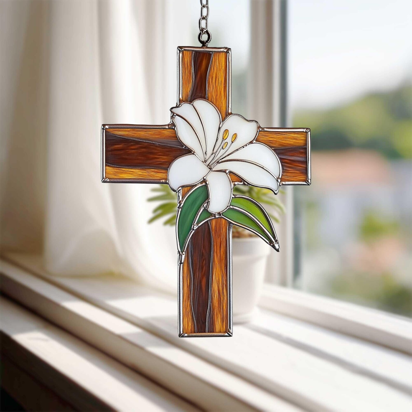 Christian Cross REAL Stained Glass Suncatcher, Handmade Amber Window ...
