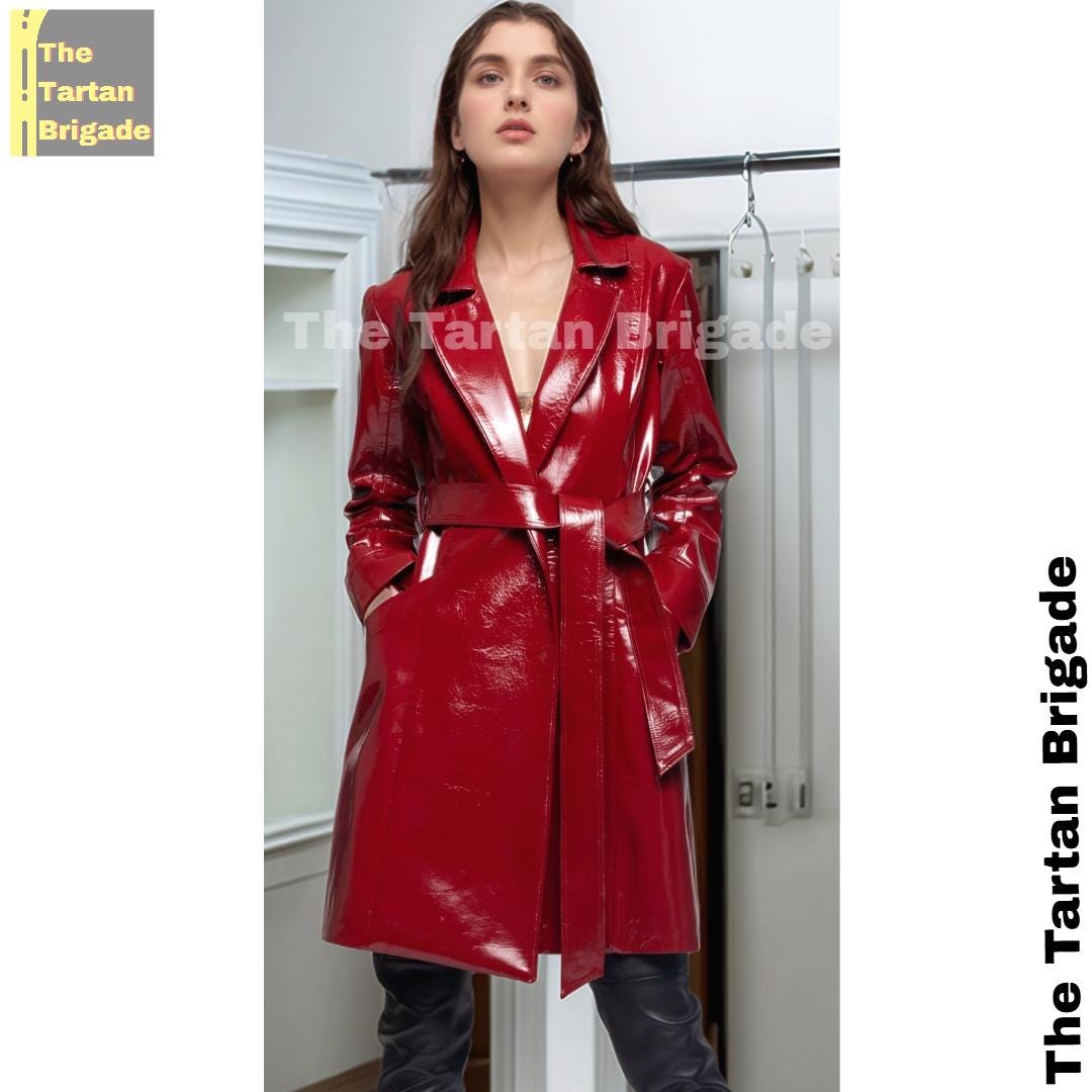 Handgefertigter Lack Roter Leder Trenchcoat: Stilvoller Damen ...