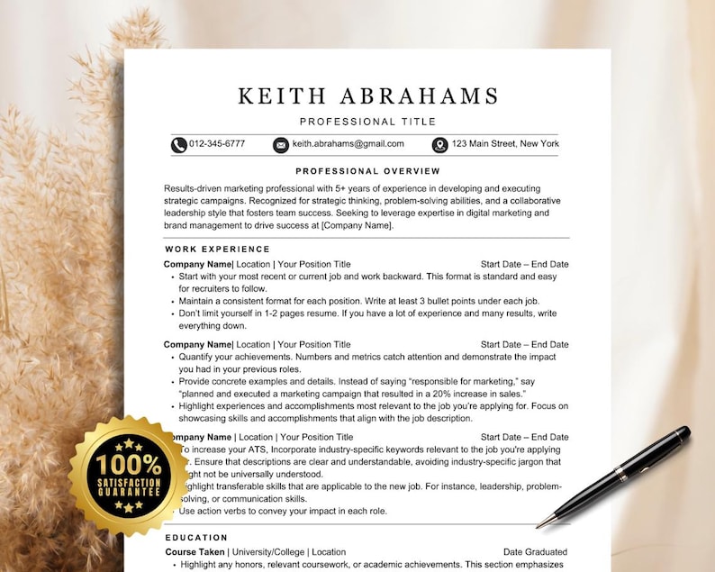 ATS Resume Template Word, Google Docs, Pages, Modern Resume, Canva ...