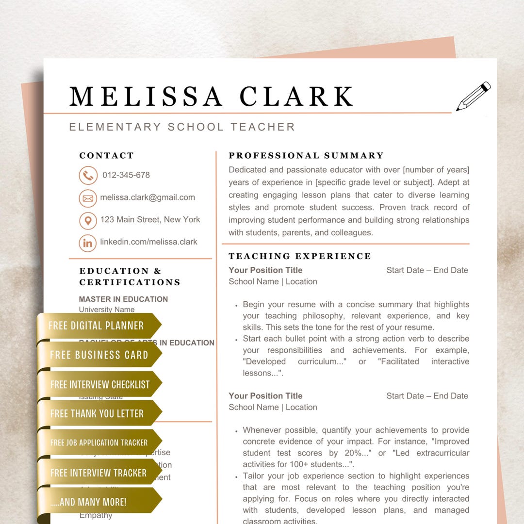 Teacher Resume Template Word, Google Docs, Pages, Canva, Elementary ...