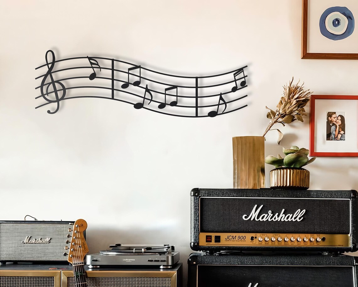 Music Notes Metal Wall Art Sign, Matte Black Musical Silhouette Wall ...