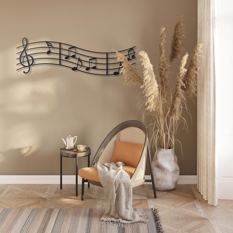 Music Notes Metal Wall Art Sign, Matte Black Musical Silhouette Wall ...