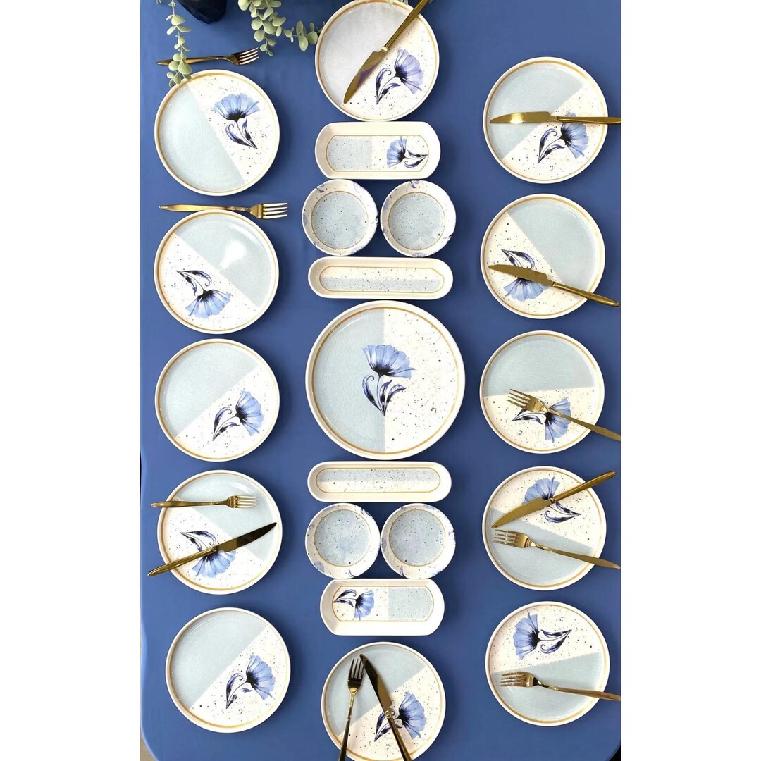 21-piece Poppy Flower Ceramic Breakfast Set – 12 Person Handmade Blue ...