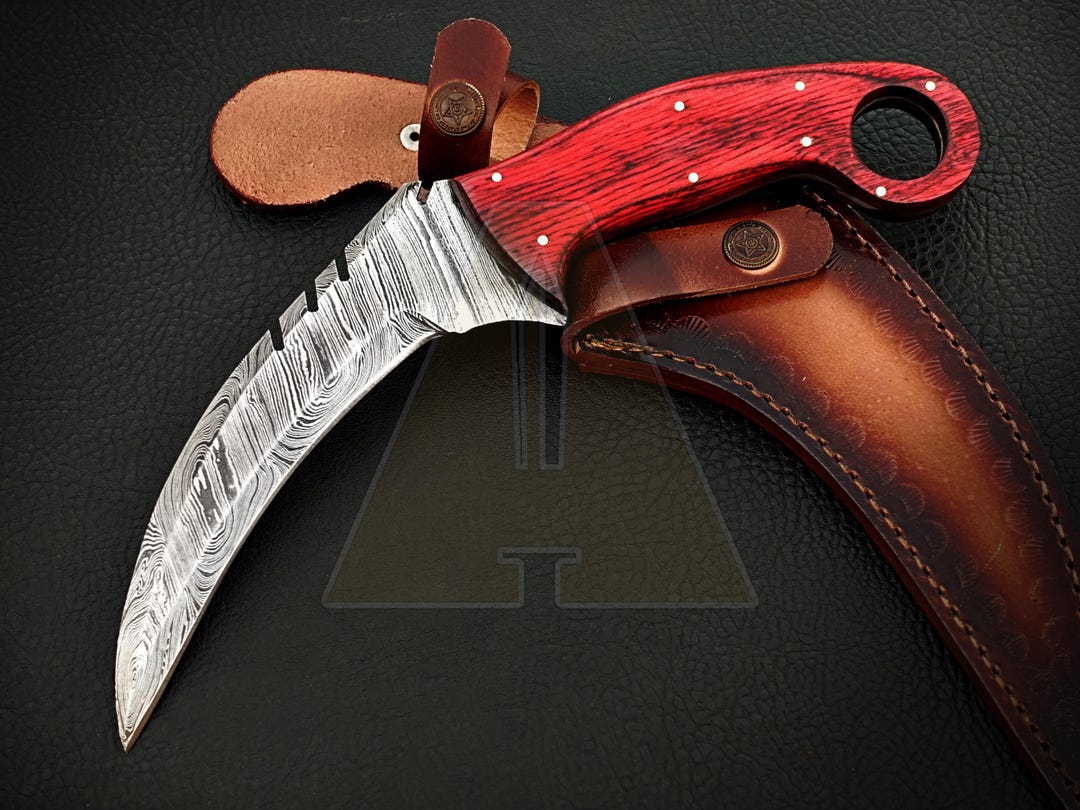 Handmade Damascus Steel Karambit Knife: Color Wood Handle, Leather ...