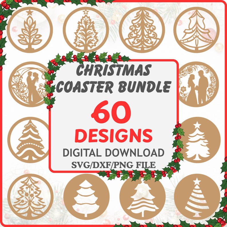 Christmas Coaster SVG Bundle | 60 Laser Cut Holiday Engraving Designs ...