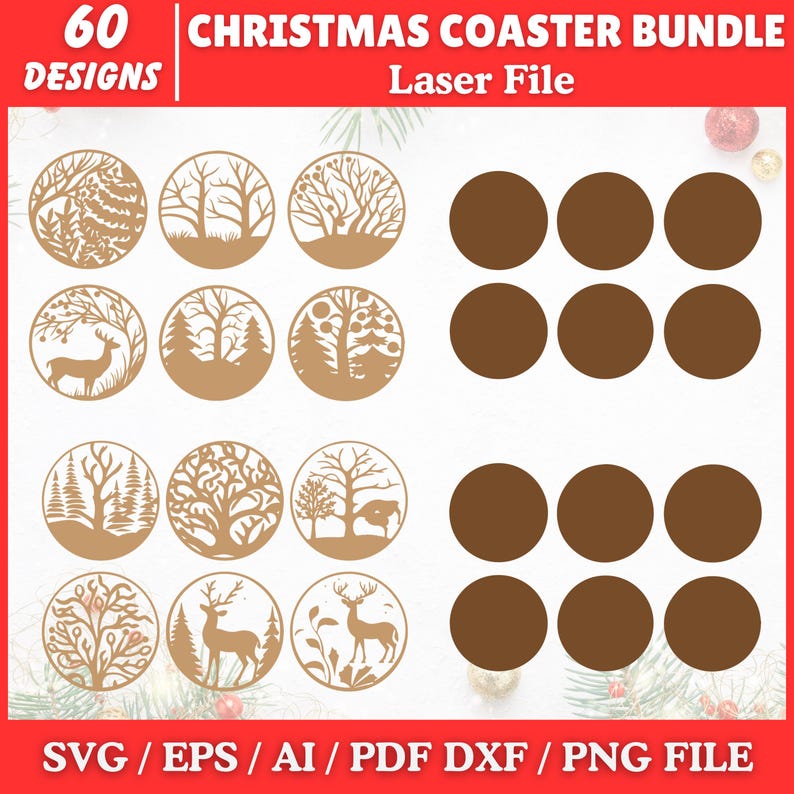 Christmas Coaster SVG Bundle | 60 Laser Cut Holiday Engraving Designs ...