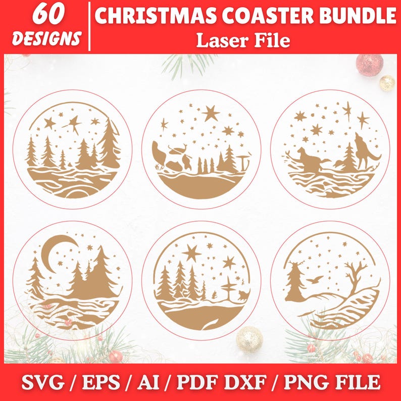 Christmas Coaster SVG Bundle | 60 Laser Cut Holiday Engraving Designs ...