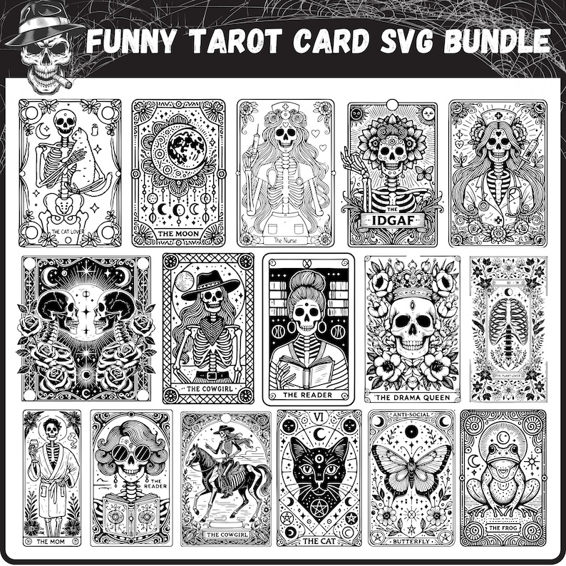 Printable Funny Skeleton Tarot Cards SVG PNG Bundle - 160+ Death Tarot ...