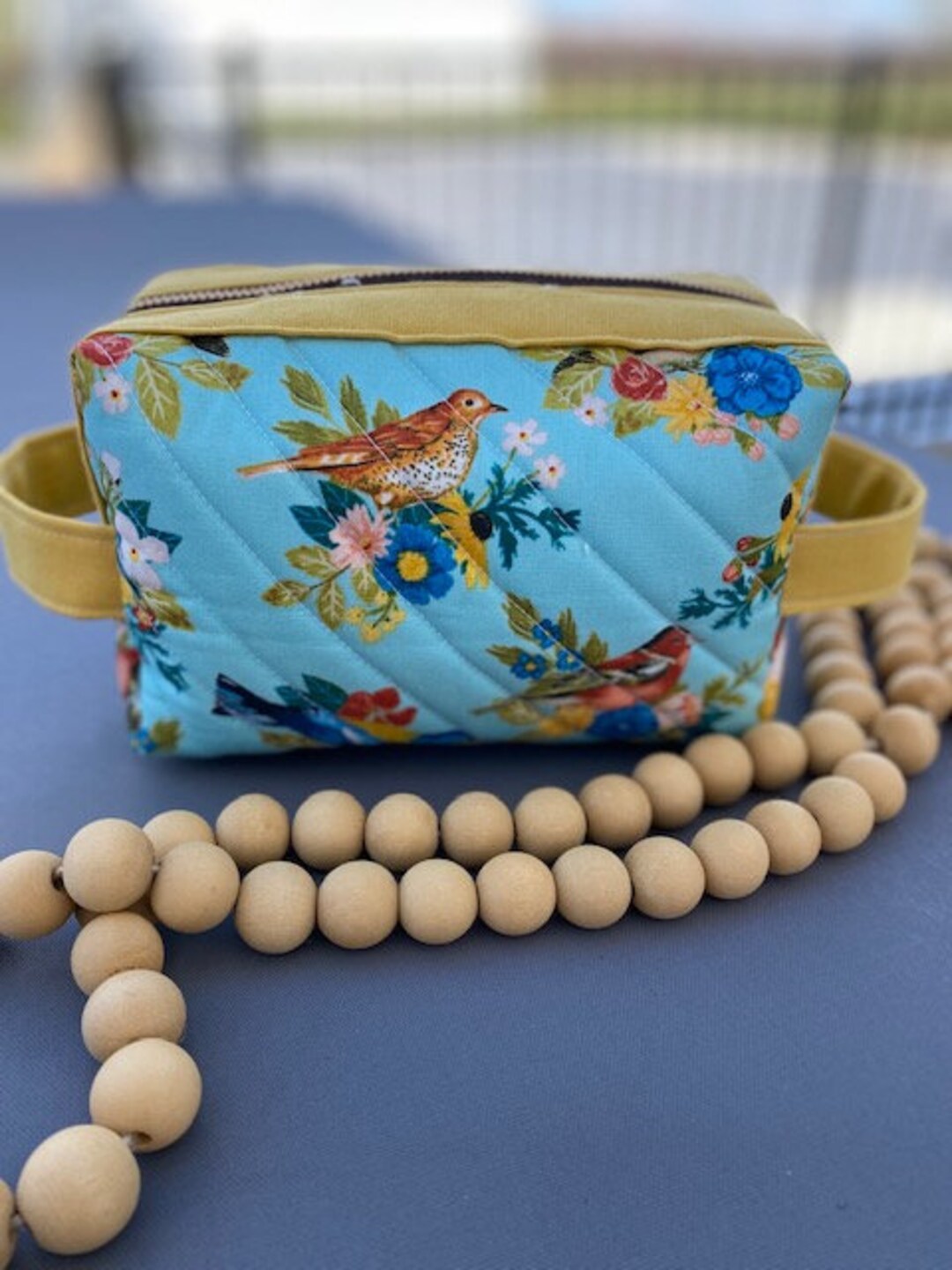 Birds & Flowers Quilted Boxy Bag, Blue Box Pouch, Organizer for Women ...