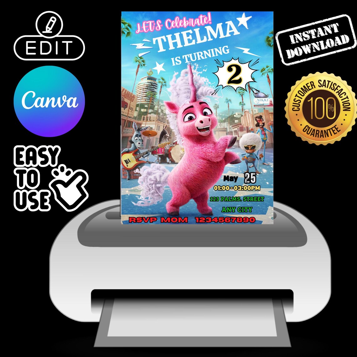 Editable Thelma the Unicorn Birthday Invitation, Printable Thelma ...