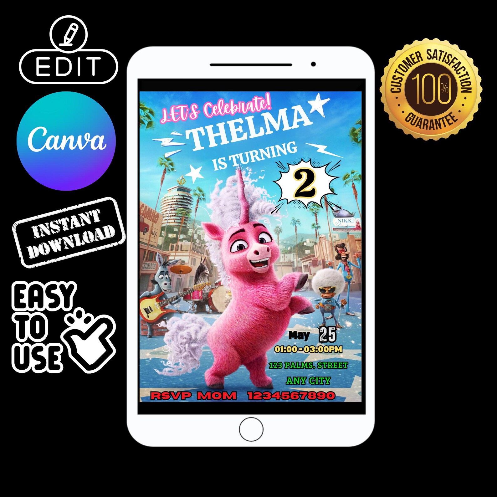 Editable Thelma the Unicorn Birthday Invitation, Printable Thelma ...