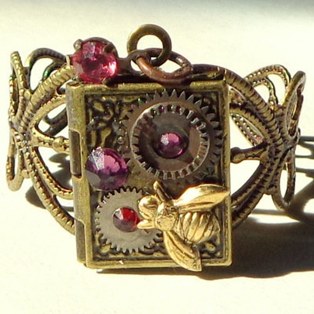 Steampunk Locket Ring, Adjustable Band, Pink/purple & Red Swarovski ...