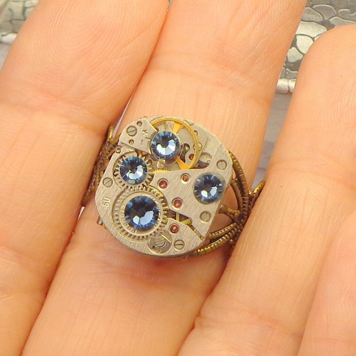 Steampunk Locket Ring Adjustable Blue Swarovski Crystals | Etsy