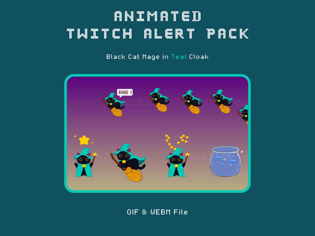 Black Cat Wizard Animated Twitch Alert Pack: Teal Cloak Stream Overlay ...
