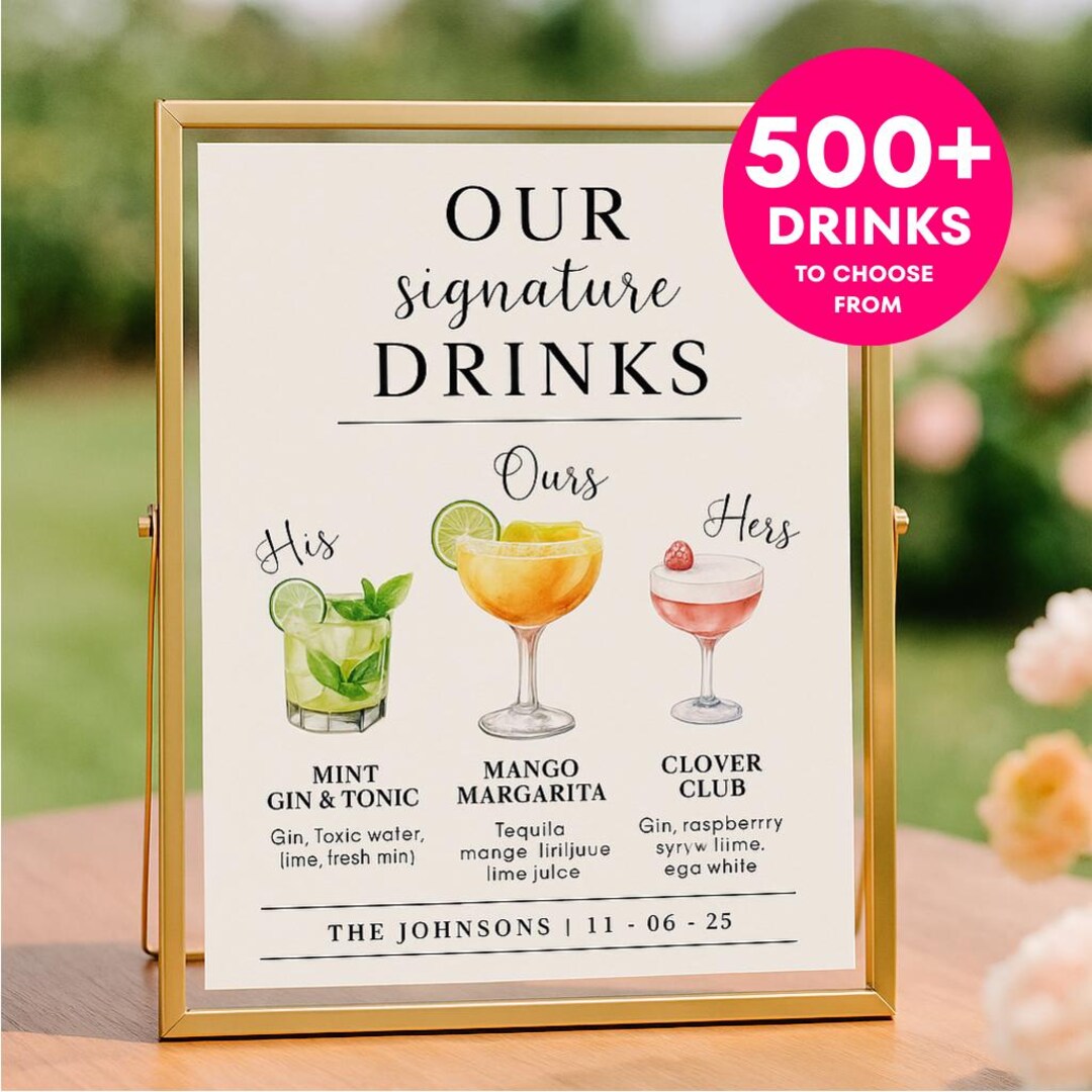 Our Signature Drinks Sign Template Editable Canva Wedding Bar Menu His ...