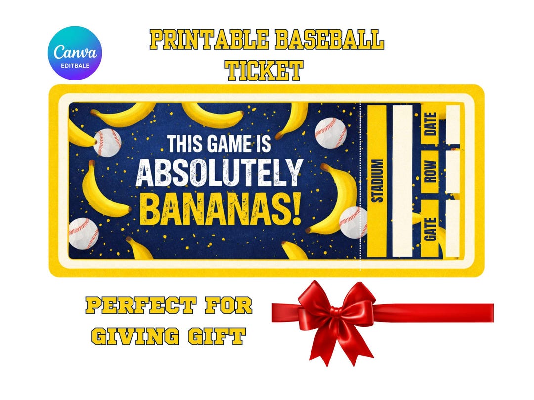 Printable Baseball Ticket Gift | Funny Banana Baseball Theme | Editable ...
