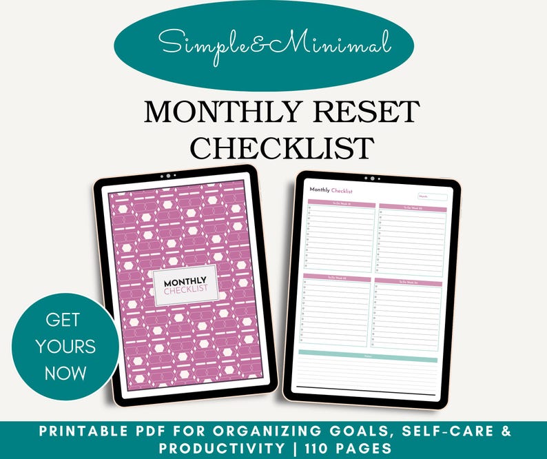 Monthly Reset Checklist, Printable PDF for Organizing Goals, Self-care ...