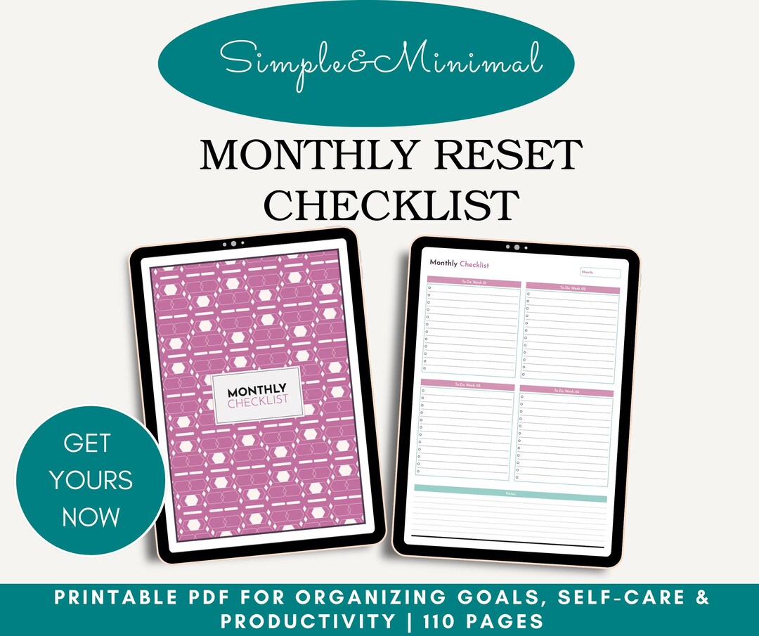 Monthly Reset Checklist, Printable PDF for Organizing Goals, Self-care & Productivity | Track ...