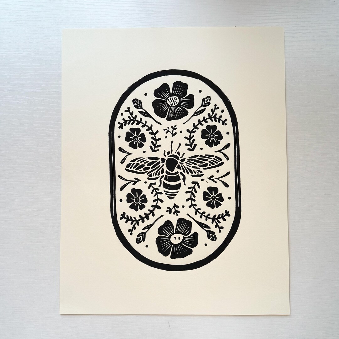 Bumble Bee Linocut Print, Handmade Print, Original Floral Print, Hand ...