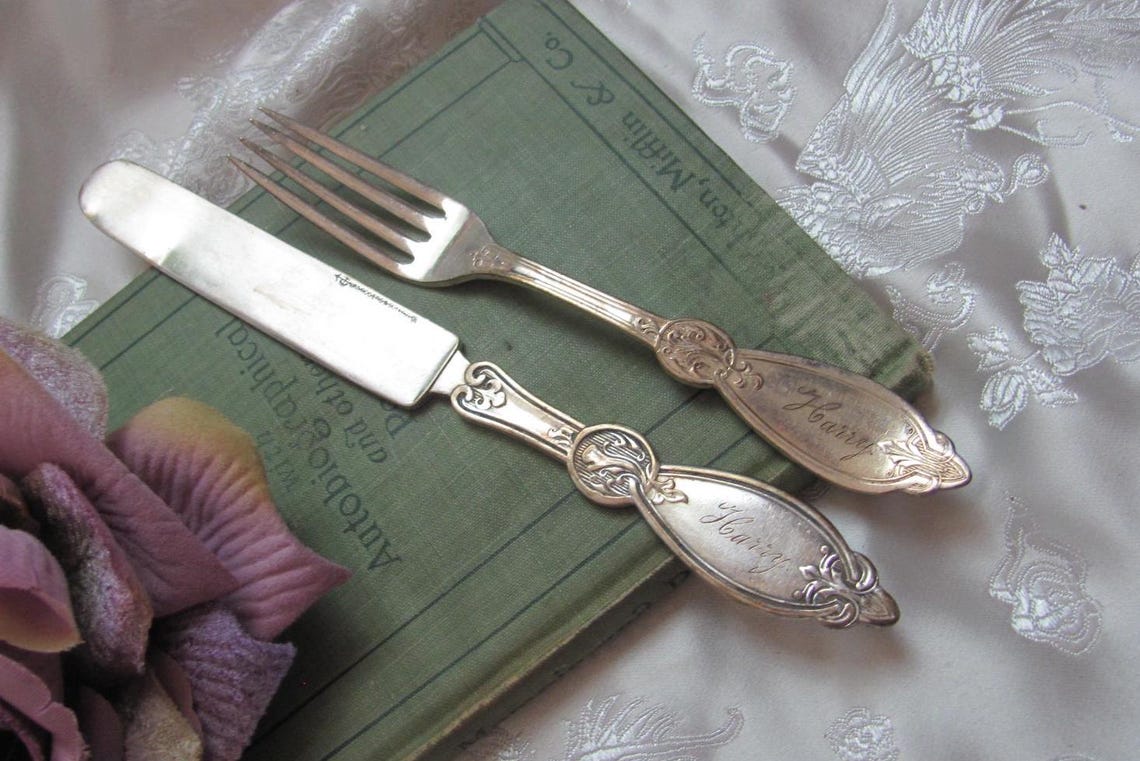 Mono "harry" // Youth Child Size Fork Knife Set Silver Plate // 19th ...