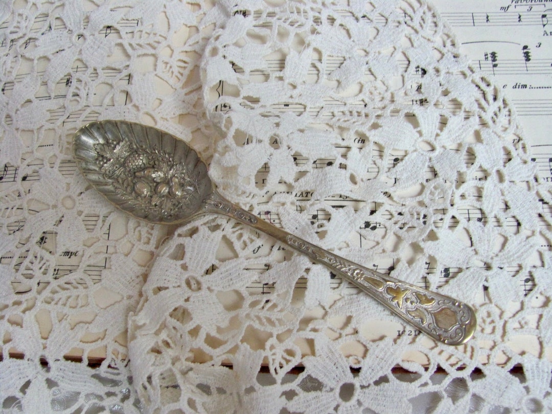 Antique Silver Plate Small Serving Spoon - Embossed Fruit Bowl Engraved ...