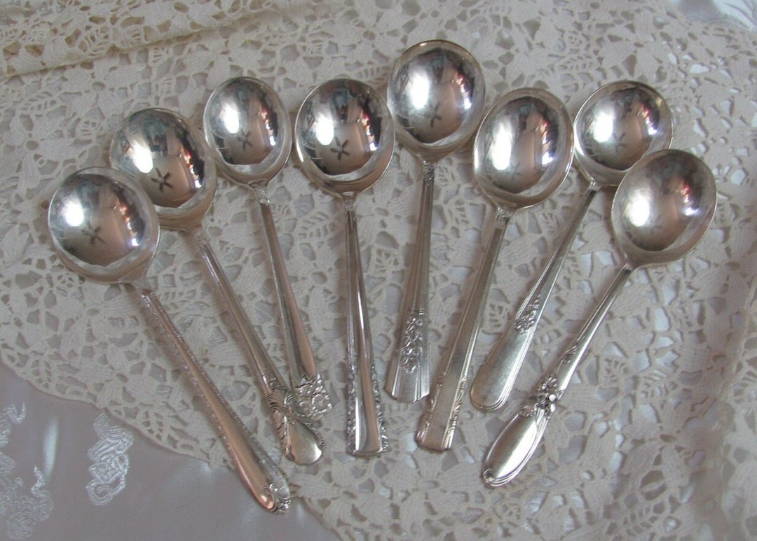 Lot of 8 Silver Plate Soup Gumbo Spoons Assorted Mixed Mismatched Fancy ...