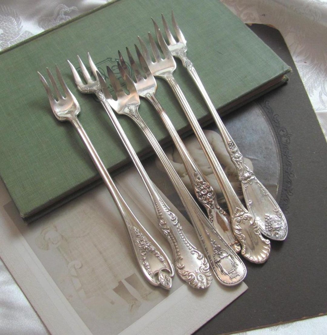 6 Fancy Silver Plate Forks Crab Seafood Olive Oyster Shell Fish ...