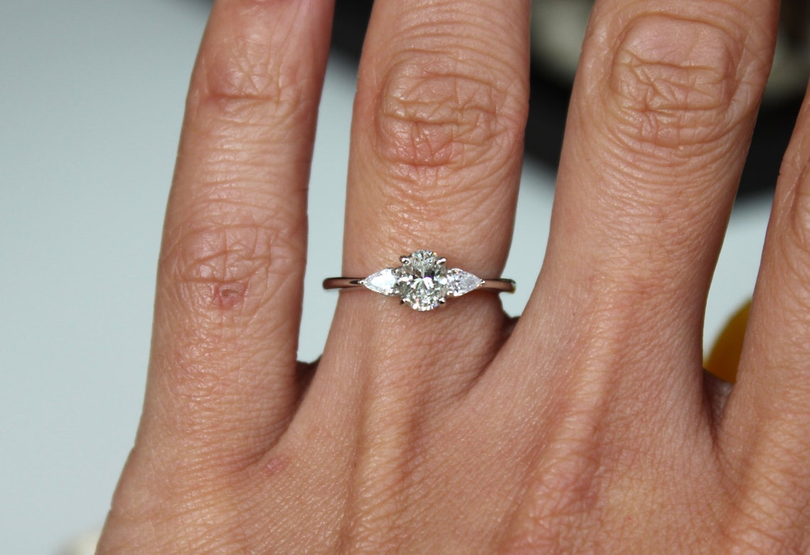 Oval Diamond 3 Stone Engagement Ring 14k White Gold Pear Etsy