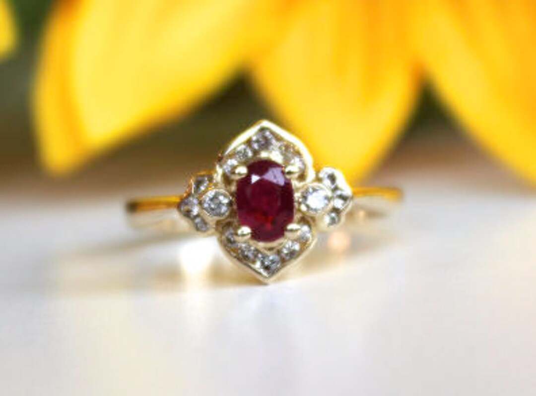 Ruby Engagement Ring, Vintage Inspired Ring, Diamonds Halo, Red Ruby ...