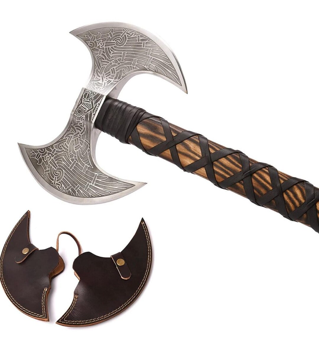 Viking Odin's AXE With Leather Sheath, Long Leather Wrapped Wooden ...