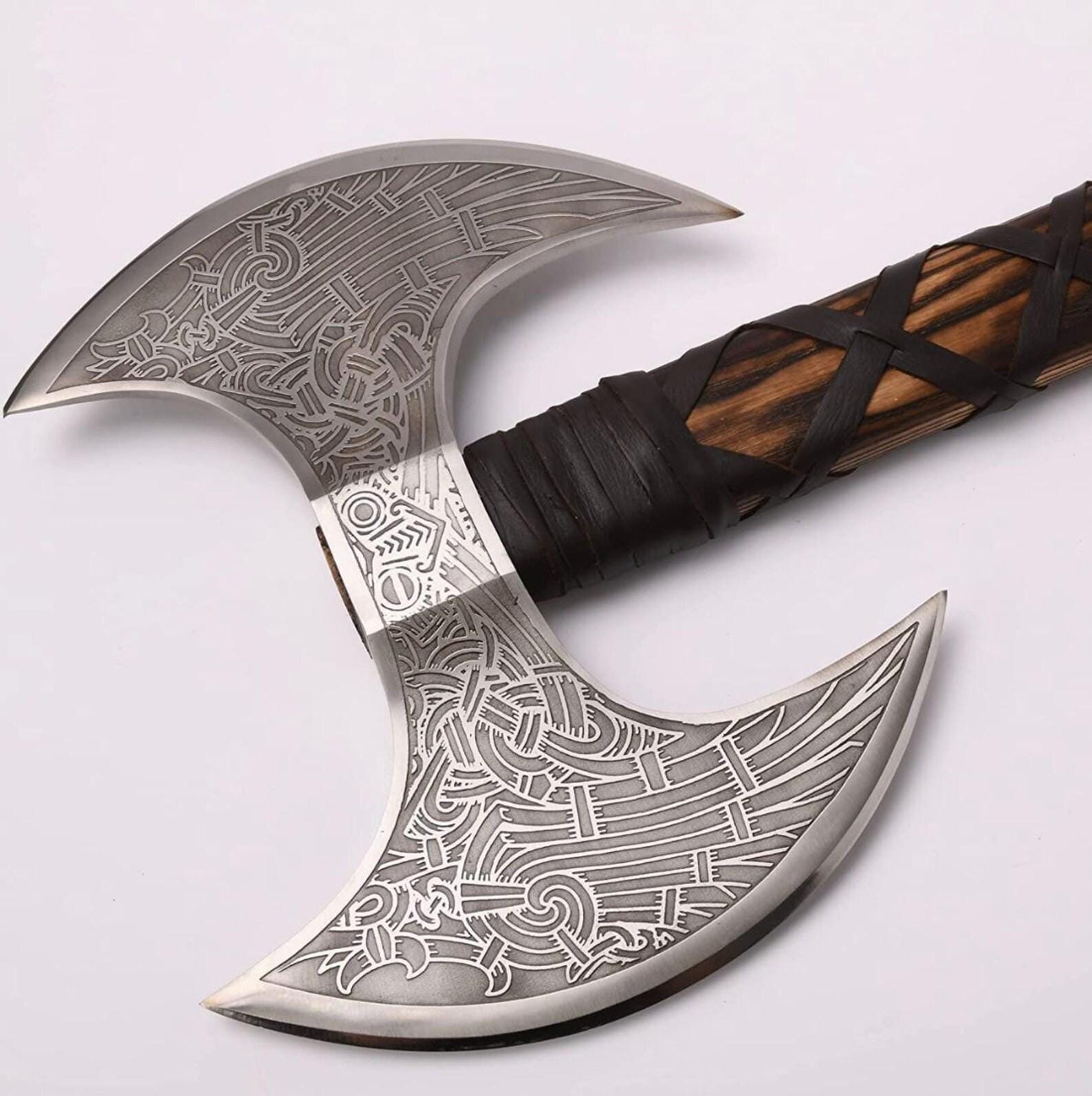 Viking Odin's AXE With Leather Sheath, Long Leather Wrapped Wooden ...