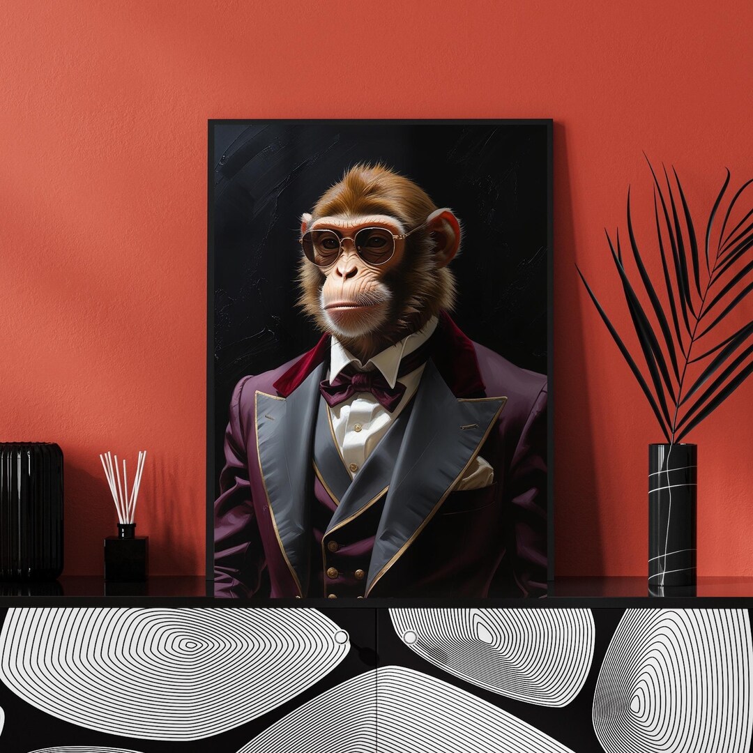 Monkey Portrait, Monkey Wall Art, Monkey Wearing Suit Portrait, Animal ...