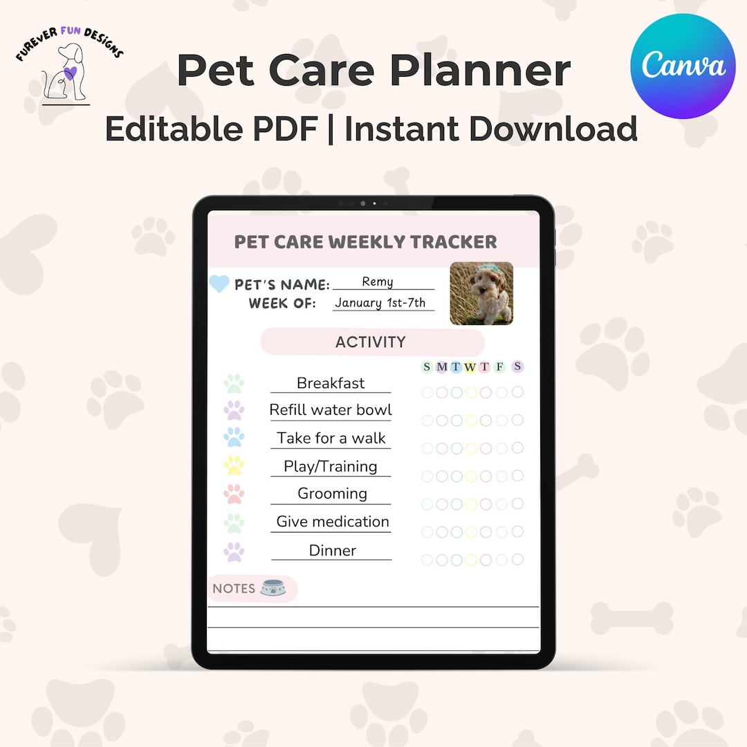 Editable Weekly Dog Care Planner | Canva Template | Dog Health Tracker ...
