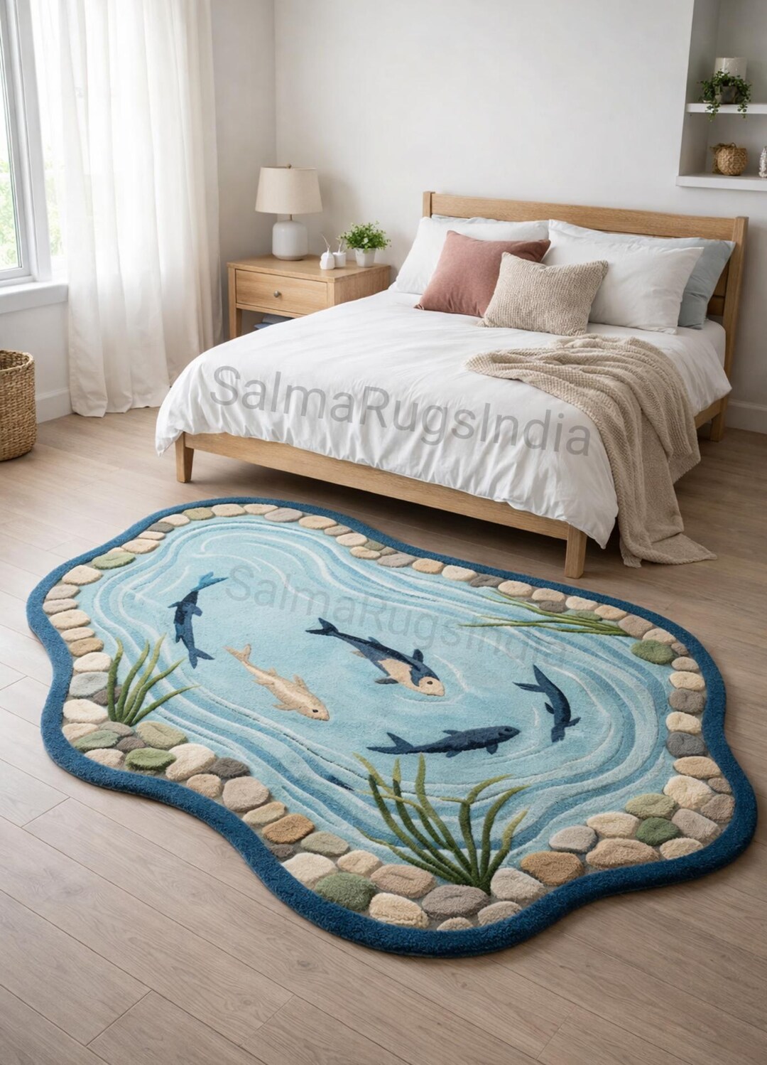 Irregular Aquatic Rug Featuring Koi Fish Design Organic Pond Rug ...