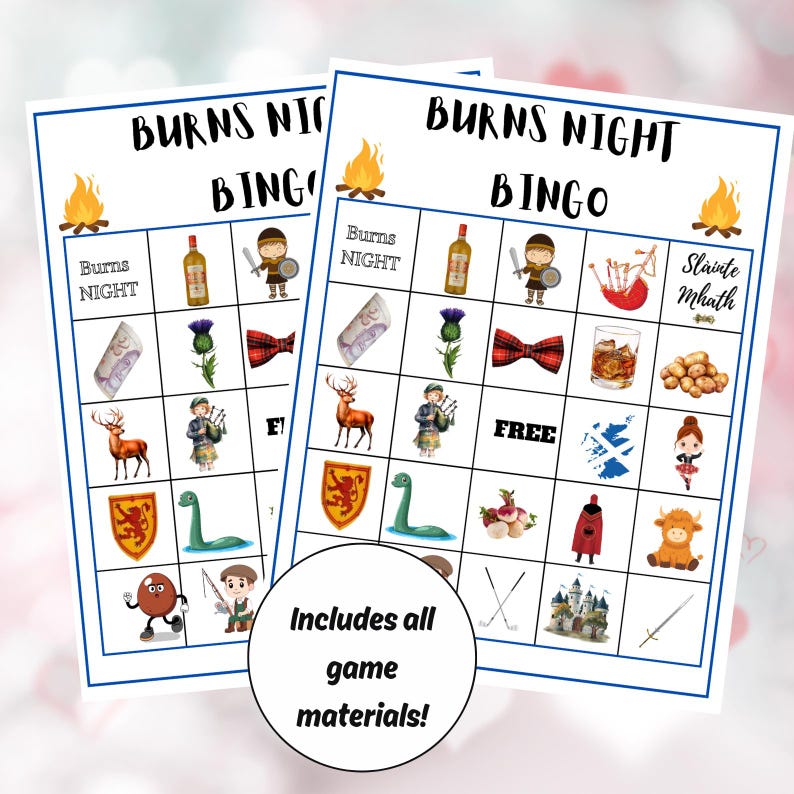 20 Burns Night Bingo Cards Printable, Scottish Party Bingo Game, Burns ...