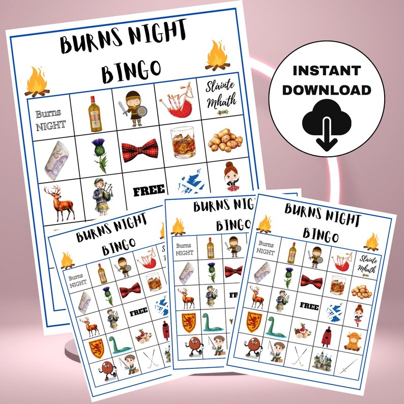 20 Burns Night Bingo Cards Printable, Scottish Party Bingo Game, Burns ...