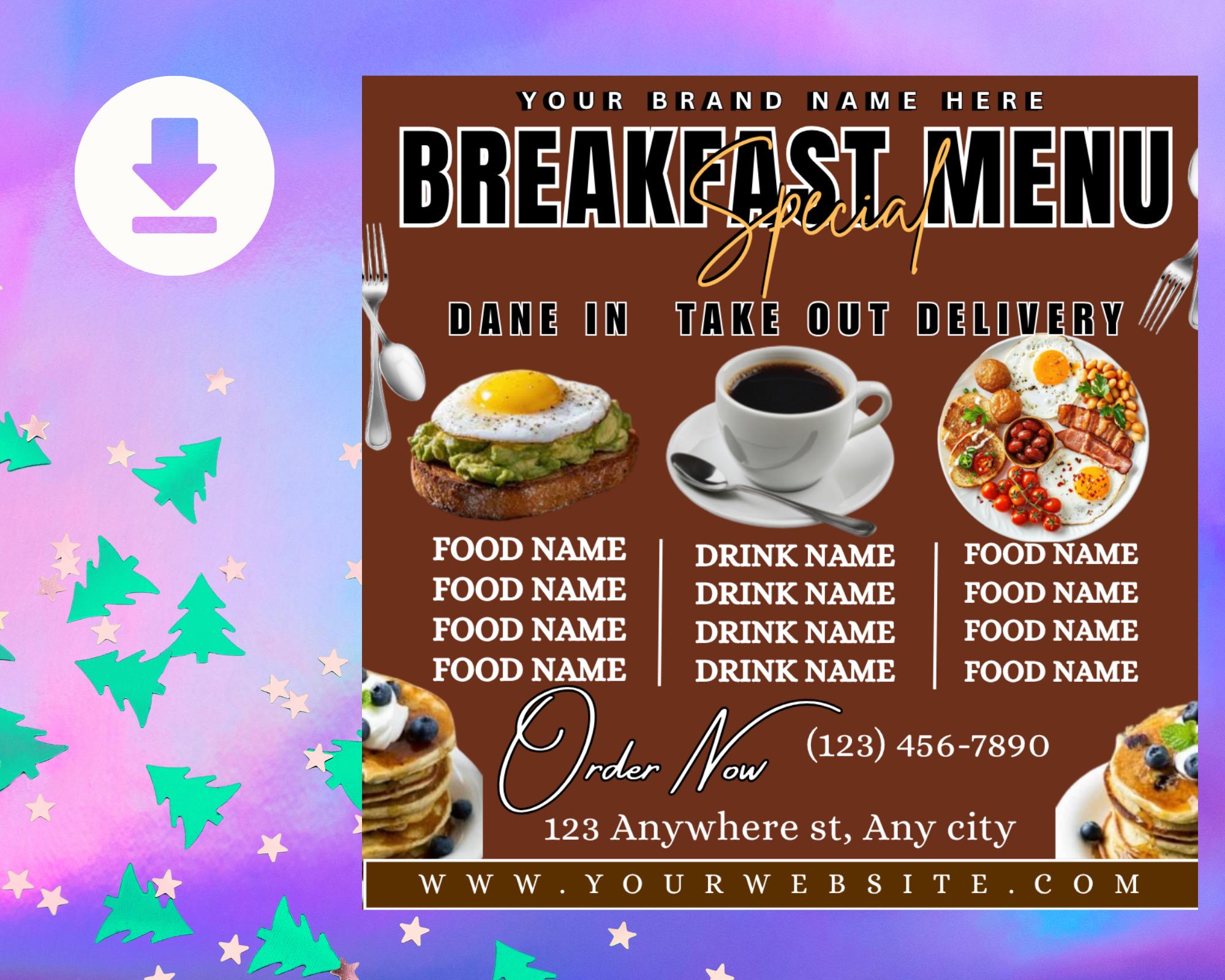 Editable Breakfast Menu Flyer: Cafe Brunch Event Template (1080x1080 ...
