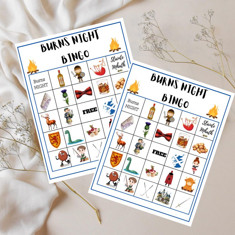 20 Burns Night Bingo Cards Printable, Scottish Party Bingo Game, Burns ...