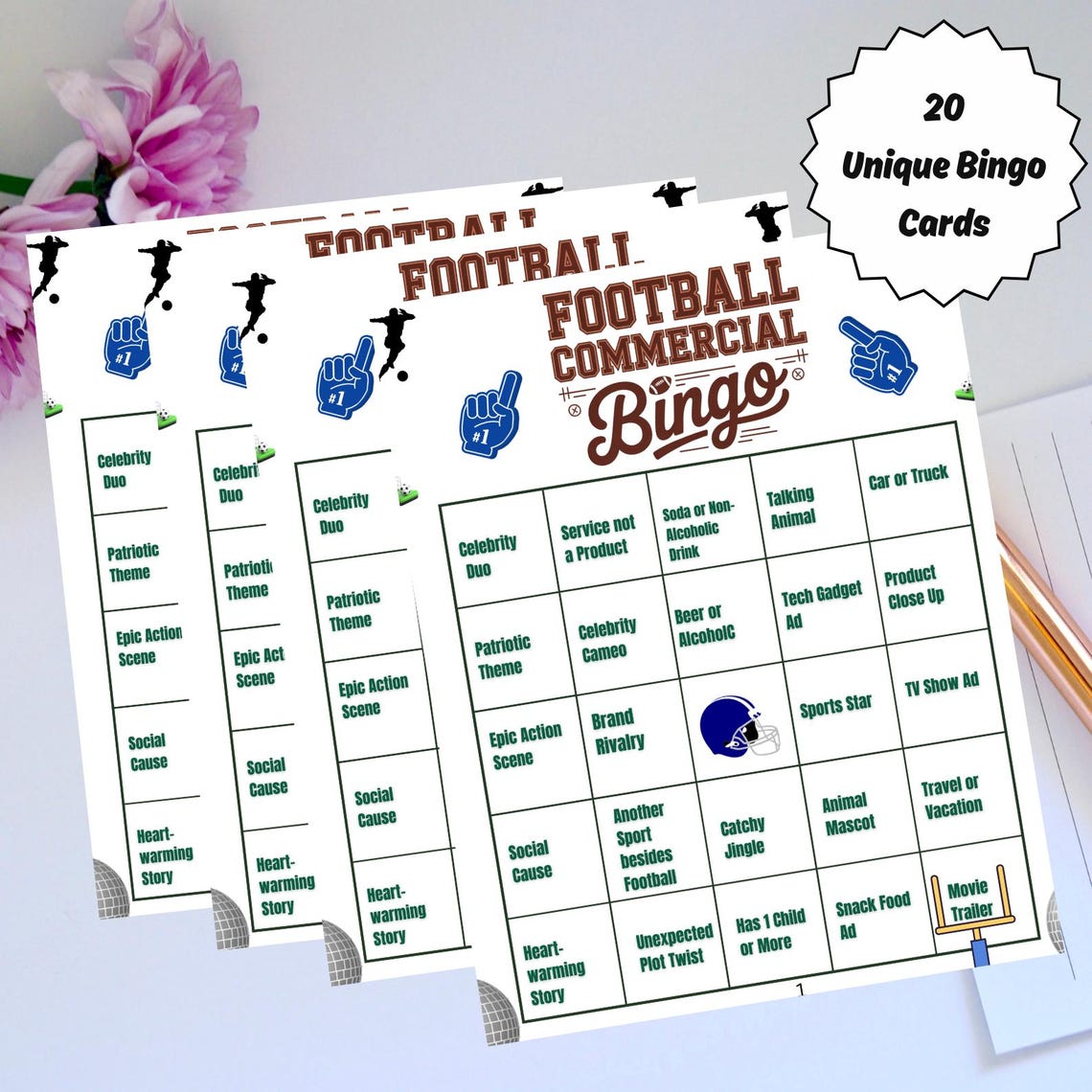 Football Party Bingo, 20 Unique Printable Football Bingo Cards ...