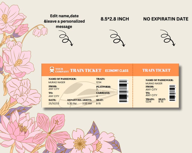 Editable Train Ticket Template – Printable Surprise Trip Gift Certificate | Canva Editable ...