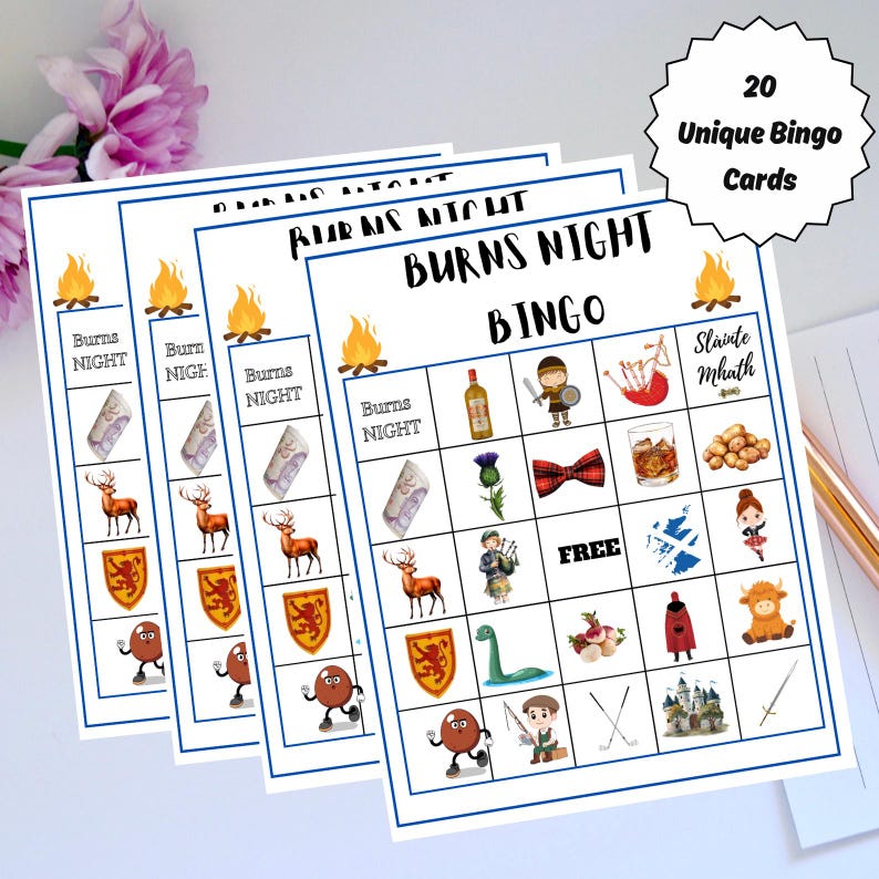 20 Burns Night Bingo Cards Printable, Scottish Party Bingo Game, Burns ...
