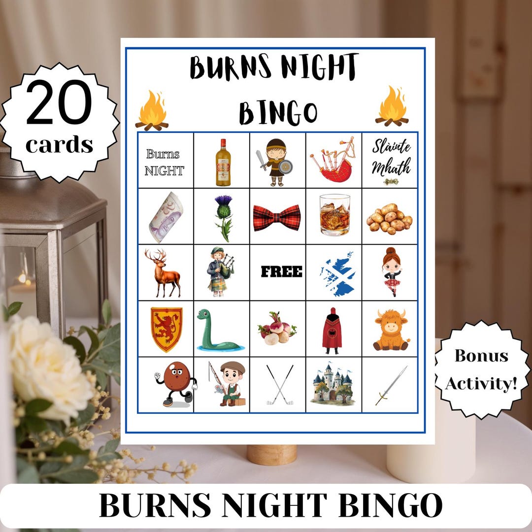 20 Burns Night Bingo Cards Printable, Scottish Party Bingo Game, Burns ...
