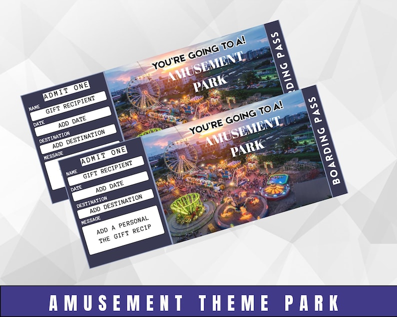 Editable Amusement Theme Park Ticket, Surprise Trip Gift Voucher ...