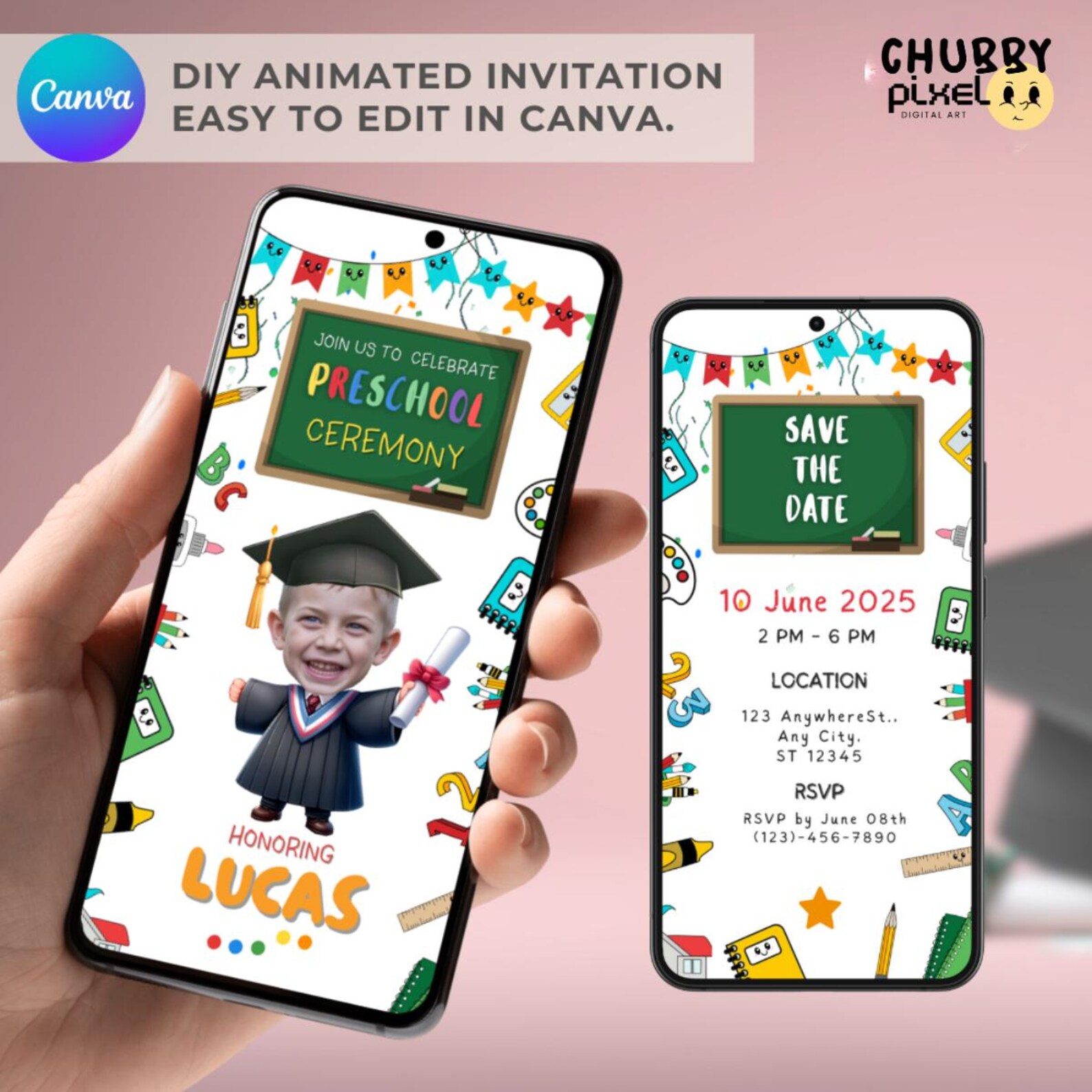 Editable Preschool Graduation Invitation: Animated Digital Evite (canva ...