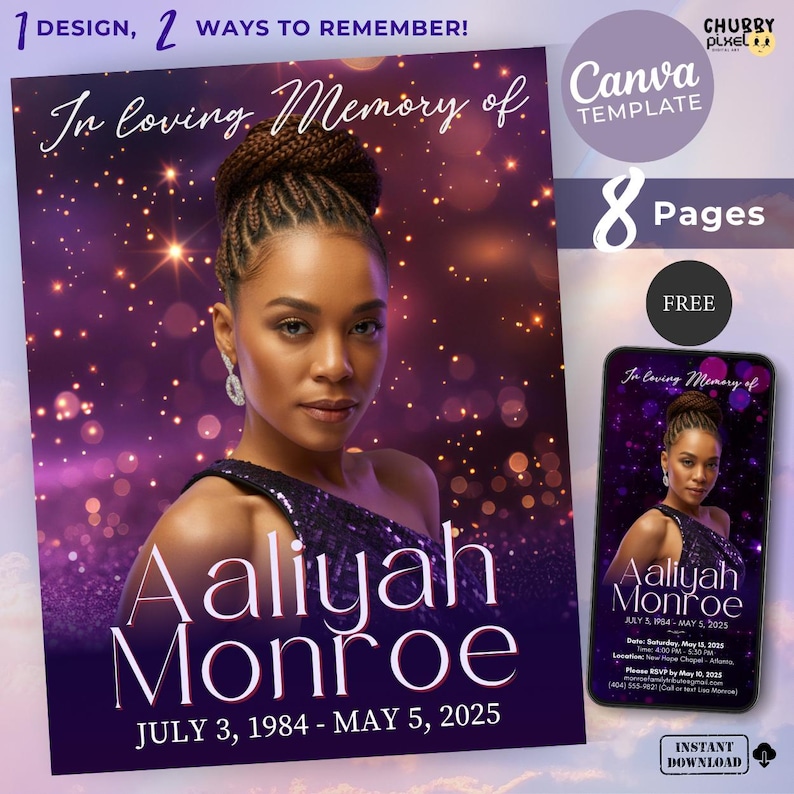 Deep Purple Editable Funeral Obituary Program Template for Women 8 Page ...