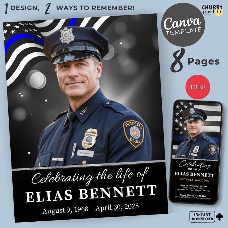 Police Officer Funeral Program Template: Canva Obituary, Celebration of ...