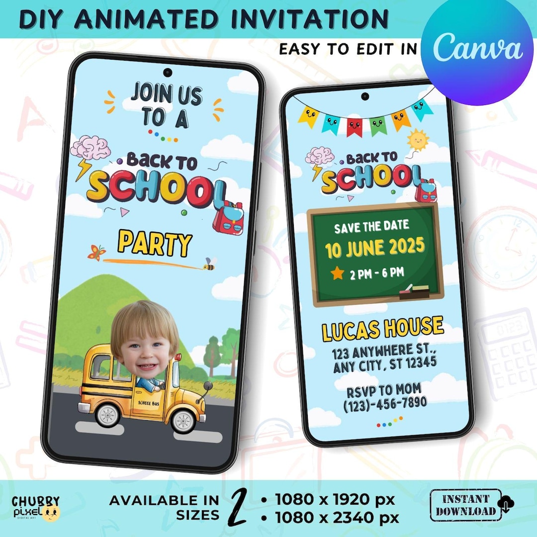 Animated School Bus Invitation: Back to School Party, Editable Canva ...