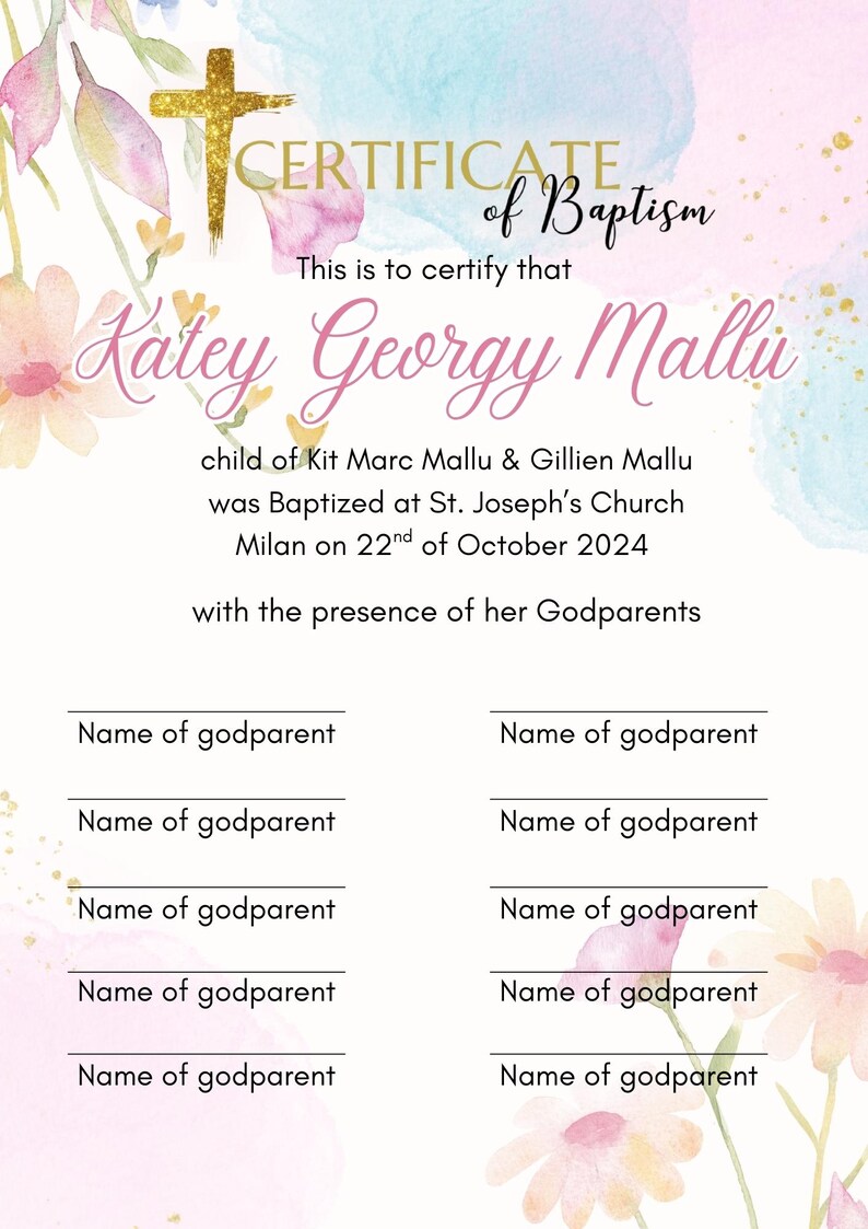Editable Baptismal Certificate for Godparents Signature - Etsy